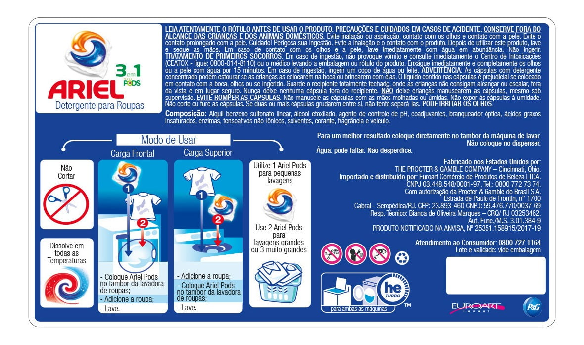 "Detergente Lava Roupas Ariel 3 Em 1 Pods - 16 Cápsulas: Limpeza ...